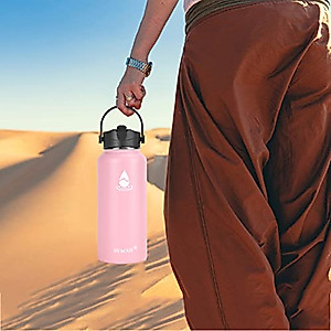 SYACOT 32 oz 40 oz 64 oz Stainless Steel Water Bottle, Insulated Double Wall Vacuum Leak Proof Water Flask, Metal Thermo Canteen Mug —Wide Mouth with 2 Straw Lids (40 oz, Pink)