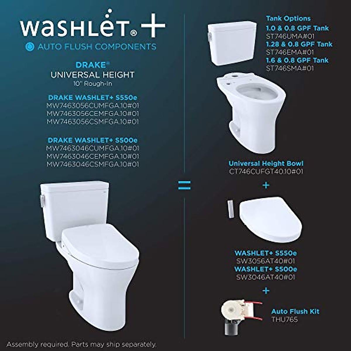 TOTO MW7463056CEMFGA.10#01 Drake WASHLET Two-Piece Dual Universal Height with 10 Inch Rough-in DYNAMAX Tornado Toilet with Auto Flush S550e Bidet Seat, 1.28 and 0.8 GPF, Cotton White