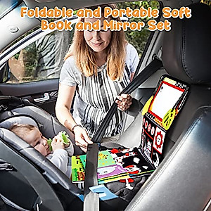 DRMATION Tummy Time Toys, Baby Play Mat 3 in 1 Baby Mirror and 2 Animal Theme Crinkle Cloth Books Kit,Montessori Infant Toys for Babies 0 3 6 9 Months Boys Girls Crawling Sensory Toy