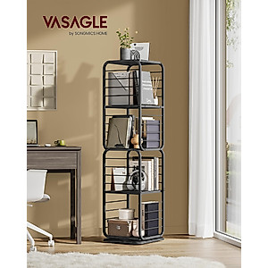 VASAGLE 4-Tier Rotating Bookshelf, Bookcase with Bookends for Small Spaces, Corner Shelf, Steel Frame, Ebony Black and Ink Black ULLS127B56