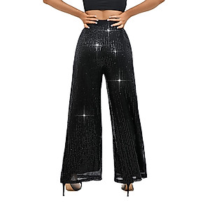 YHYJMY Womens Casual Sparkle Sequin Glitter Bling Loose Elastic High Waist Shiny Wide Leg Pants (K284-Black-M)