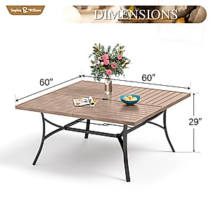 Sophia & William 60" Large Outdoor Patio Table for 8, Outdoor Square Metal Dining Table with 1.9" Adjustable Umbrella Hole, All Weather Wrought Iron Furniture Table for Garden Deck, Brown
