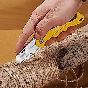 KATA 2Pack Utility Knife Box Cutter Retractable Folding Razor Knife Set Heavy Dudy Safety Cutter, 10pcs SK5 Sharp Blades Included, Yellow