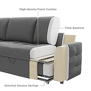 VanAcc Pull Out Sofa Bed, Modern Tufted Convertible Sleeper Sofa, Boucle Sleeper Sectional Couch Bed with Storage Chaise, L Shaped Sofa Couch for Living Room (Grey)