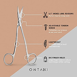 ONTAKI Dual Bent Machine Embroidery Scissors 6.5" - Premium German Steel Applique Fabric Scissors Angled Handle And Curved Razor-Sharp Small Tip For Optimal Precision Stitches, Crafting, Sewing-Silver