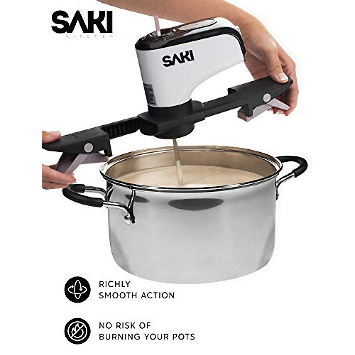 SAKI Automatic Pot Stirrer for Cooking, with 2 speeds, Adjustable, Hands Free, BPA free, Cordless and Rechargeable (2021 Updated Battery)