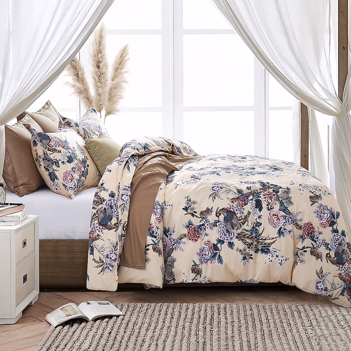 Chinoiserie Chic Peacock Floral Duvet Cover Paradise Botanical Garden Grouse Pheasant Bird and Tree Blossom Branches Vintage Long Staple Cotton Satin Bedding Set (Pastel, King)
