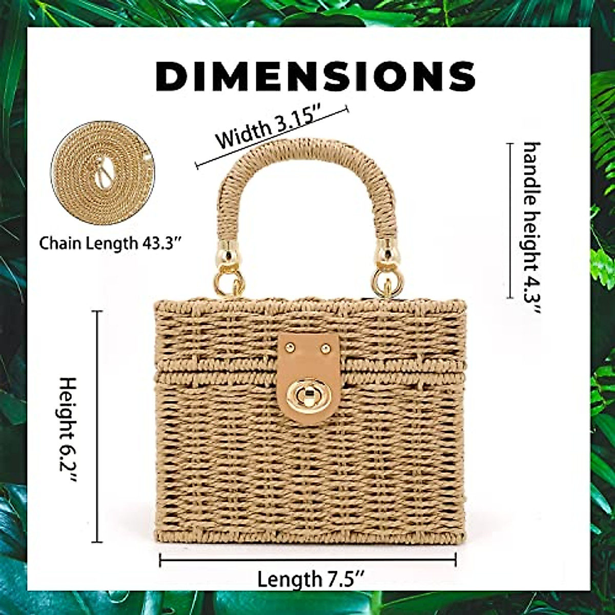 Handwoven Rattan Bag for women-Wicker Woven Square Crossbody vintage Chic Casual Beach Boho Tote Bag Straw Bag（no pendant）
