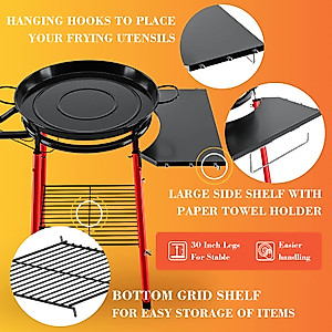 GRISUN Tabarca Paella Pan Set with Paella Burner, 20 Inch Enameled Steel Paella Pan with Side Shelf, 4 Reinforced Legs with Bottom Shelf, Paella Burner with Regulator Hose and Igniter (14 Servings)