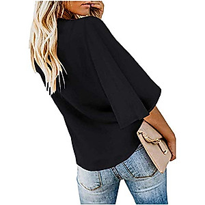 Andongnywell Women's Solid Color Tops 3/4 Sleeve Tops V Neck Casual Loose Womens Tops and Blouses Tunics (Black,1,Small)