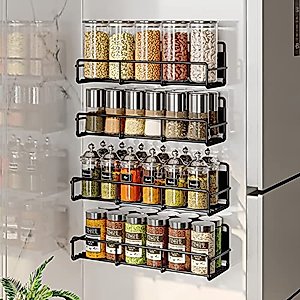 Trouwids Magnetic Spice Rack for Refrigerator, 4 Pack Magnetic Shelf Spice Rack Organizer, Metal Magnetic Fridge Shelf with 8 Hooks for Kitchen Fridge Magnet Organizer for Spice Storage (4 Pack, Black)