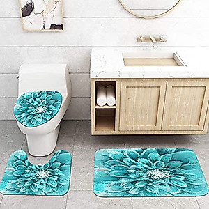 DuoBaorom 4 Pieces Set Dahlia Flower Shower Curtain Set Teal Bath Floral Picture Art on Non-Slip Rugs Toilet Lid Cover Bath Mat and Bathroom Curtain with 12 Hooks 72x72inch