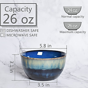 Bosmarlin Stoneware Cereal Bowls Set of 4, 26 Oz, Blue Soup Bowls for Oatmeal, Salad, Dishwasher and Microwave Safe, Reactive Glaze (26 Oz, Deep Blue)