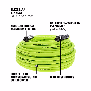 Flexzilla Air Hose, 1/4 In. x 100'., 1/4 In. MNPT Fittings, Heavy Duty, Lightweight, Hybrid, Zillagreen - HFZ14100YW2