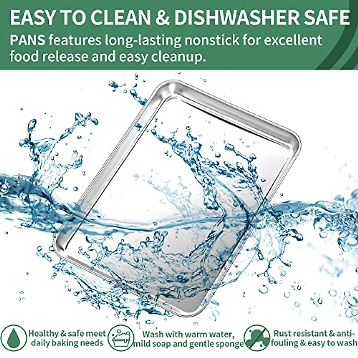 Baking Sheets Set of 2, HKJ Chef Cookie Sheets 2 Pieces & Stainless Steel Baking Pans & Toaster Oven Tray Pans, Rectangle Size 18 x 13 x 1 inch, Non Toxic & Healthy & Easy to Clean