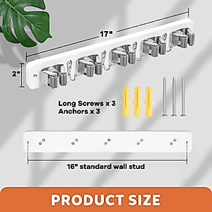IMILLET Broom Holder Wall Mount, Wood Broom Holder with 5 Racks and 4 Hooks Broom Organizer, Laundry Room Organization and Storage, Mop Hanger for Home Organization, Garden, Garage, Closet (White)