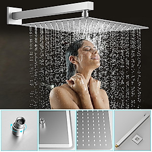 Shower System Modern Rain 12 inches Brass Shower Faucet Set With Valve and Diverter Shower Mixer With Handheld High Pressure Square Rainfall Shower Rough-in Valve (12‘’, Brushed Nickel)