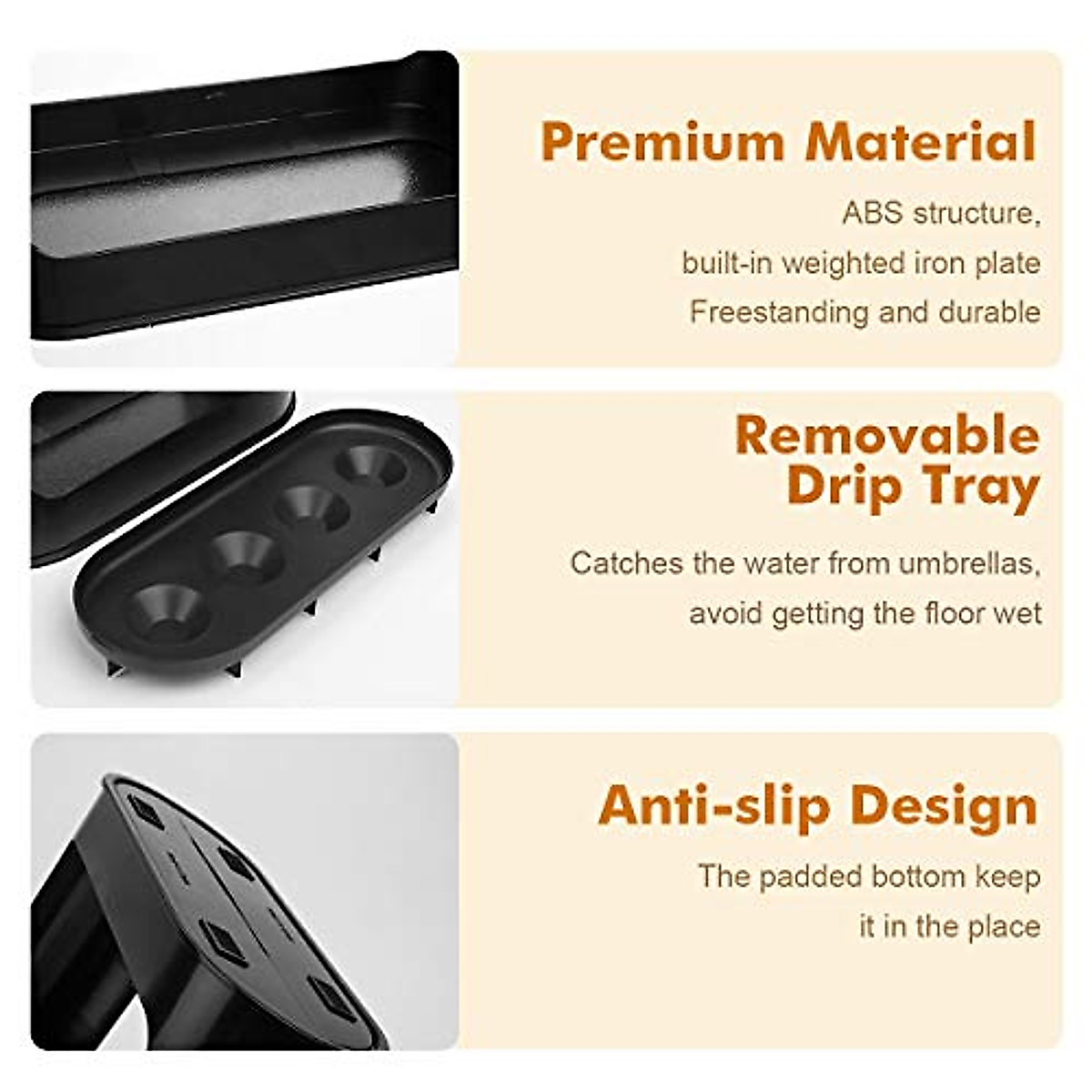 DricRoda Umbrella Rack with Removable Drip Tray, Umbrella Holder Stand for Entryway, Freestanding Organizer for Umbrella Cane Walking Stick, Stored 4 Umbrellas, Ideal for Home Office Decor, Black