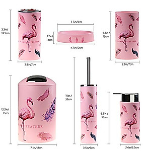 Newthinking Bathroom Accessories Set, Bathroom Set with Trash Can, Include Soap Dish and Soap Dispenser, Toothbrush Holder Set and Toilet Brush and Holders, Pink Flamingo
