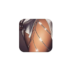Dresbe Layered Rhinestone Thigh Chain Silver Sparkly Leg Chains Elastic Body Jewelry Accessories for Women