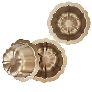 Proshopping 10 Pieces Mini Bundt Cake Pan, Nonstick 4 Inch Small Carbon Steel Fluted Bundt Cake Pan for Baking, Metal Baking Mold for Cupcakes, Donuts, Brownies - Pumpkin Shaped, Gold