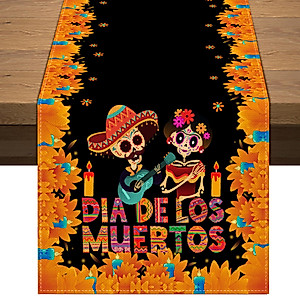 Mexican Day of The Dead Table Runner Mexico Dia De Los Muertos Sugar Skull Table Cover Dining Room Kitchen Home Indoor Outdoor Holiday Party Table Decoration (13" x 72")