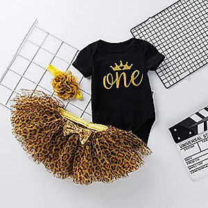 LATOBREATH Baby Girl One Year Old First Birthday Romper Outfits Set Leopard Tutu Skirt Set Party Dress Clothes(12-18 Months)