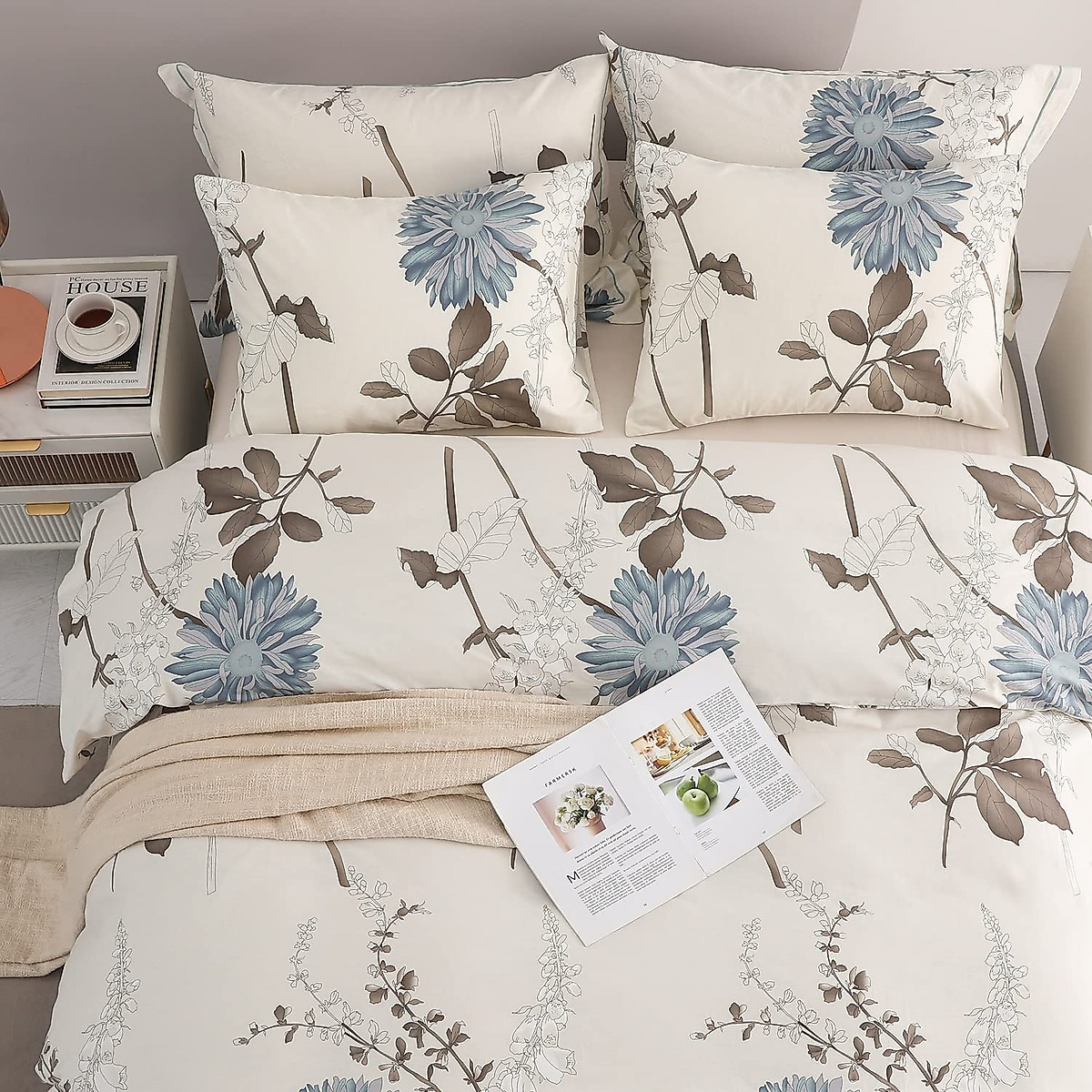 SLEEPBELLA Comforter King Size, 600 Thread Count Cotton Brown Branches and Blue Flowers Off-White Comforter Sets, Down Alternative Bedding Set 3Pcs(King, Off-White Botanical)