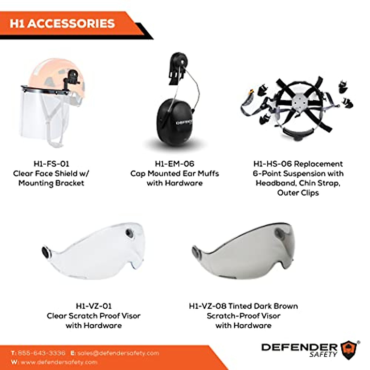 Defender Safety H1-CH Safety Helmet Hard Hat with Visor ANSI Z89.1 for Construction (White w/Visor)