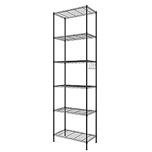 BATHWA 6-Tier Metal Wire Rack, Free Standing Shelving Unit, Adjustable Heavy Duty Storage Shelves for Kitchen Organization, with Leveling Feet and Stainless Side Hooks, Black