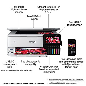 Epson EcoTank Photo ET-8500 Wireless Color All-in-One Supertank Printer, White - Print Scan Copy - 15 ppm, 5760 x 1440 dpi, 4.3" Touchscreen LCD, 30-Sheet ADF, Auto 2-Sided Printing, Ethernet