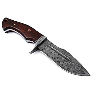 Ace Knife Full Tang Handmade Damascus Hunting Knife - Rose Wood Handle - Fixed Blade Knife with Leather Sheath-Camping Knife Ideal Gift for Men