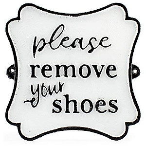 AuldHome Cast Iron Sign: Please Remove Your Shoes; Farmhouse Metal Plaque in Black and White 6.5 inches x 6.5 inches; Includes Mounting Hardware