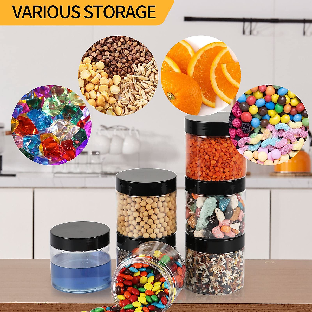 EkkoVla 40 Pack 6 oz Clear Plastic Jars Wide Mouth Round Containers with Black Lids BPA FREE, Empty Multi-use Refillable Storage Jar with Airtight Lid for Cosmetics Beauty Products