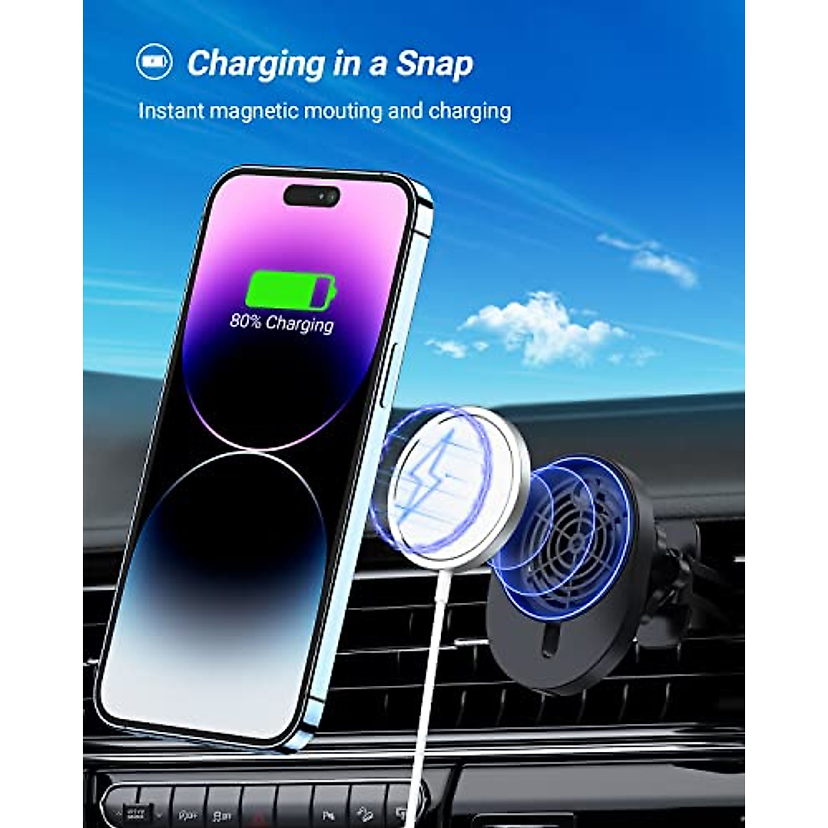 KALAPOP for MagSafe Car Charger Mount,Magnetic Car Wireless Charger Compatible with iPhone 14/14 Plus/14 Pro/14 Pro Max and iPhone 13/12 Series -Black