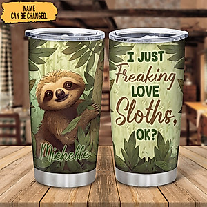 Hyturtle Personalized Gifts For Sloth Lover - I Just Freaking Love Sloths Custom Name Stainless Steel Tumbler 20oz With Lid - Idea Animal Lover Gifts For Women Girl On Birthday, Christmas