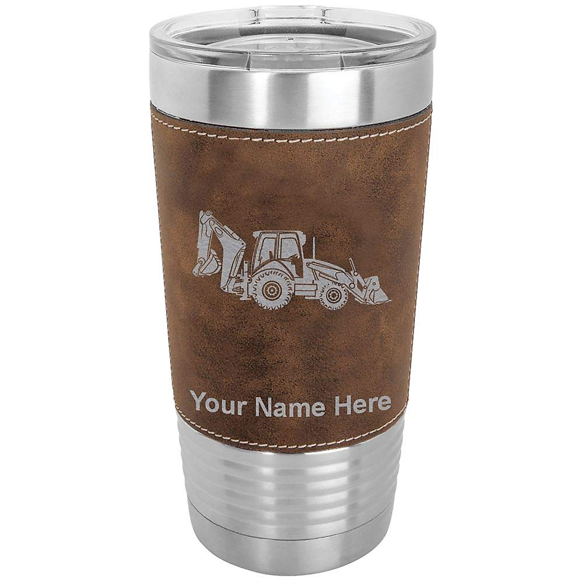 LaserGram 20oz Vacuum Insulated Tumbler Mug, Backhoe Loader, Personalized Engraving Included (Faux Leather, Rustic)