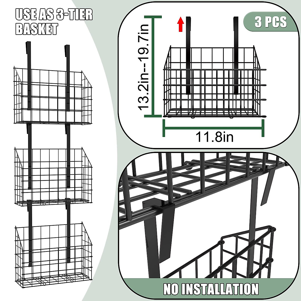 3 Pack Over The Cabinet Door Organizer, Over Doors Wall Mounted Hanging Baskets Organizing for Cutting Board Foils Cookie Sheet and Plate, Metal Storage Holder Rack for Kitchen Bathroom Pantry …
