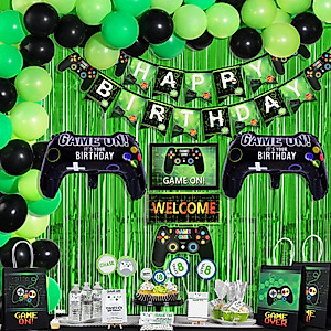Garma Video Game Party Supplies, Gamer Birthday Decorations for Boys Including Green Black Balloons Garland Arch Kit Banner Hanging Sign Green Foil Fringe Curtains Gamepad Balloons