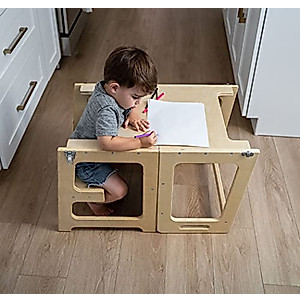 Avenlur Date 4-in-1 Kitchen Tower Montessori and Waldorf Style for Toddlers and Kids 18 Months to 6 Years - The Ideal Counter Stepping Stool with Chalkboard, Desk Table, and Chair All in One