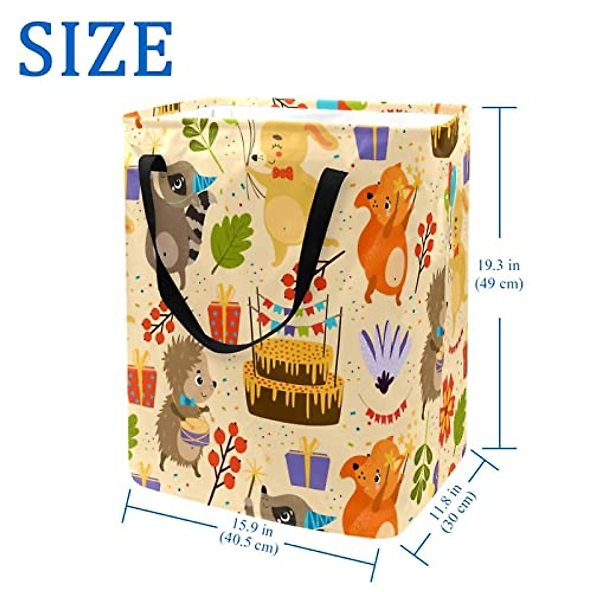 Birthday Cake Gifts and Animals Print Collapsible Laundry Hamper, 60L Waterproof Laundry Baskets Washing Bin Clothes Toys Storage for Dorm Bathroom Bedroom