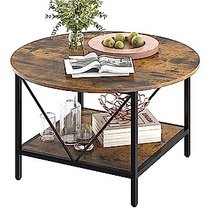 Yusong Round Coffee Table for Living Room, Farmhouse Circle 32 Inch Coffee Tables with Storage Shelf, 2-Tier Modern Center Table Easy to Assemble, Rustic Brown and Black