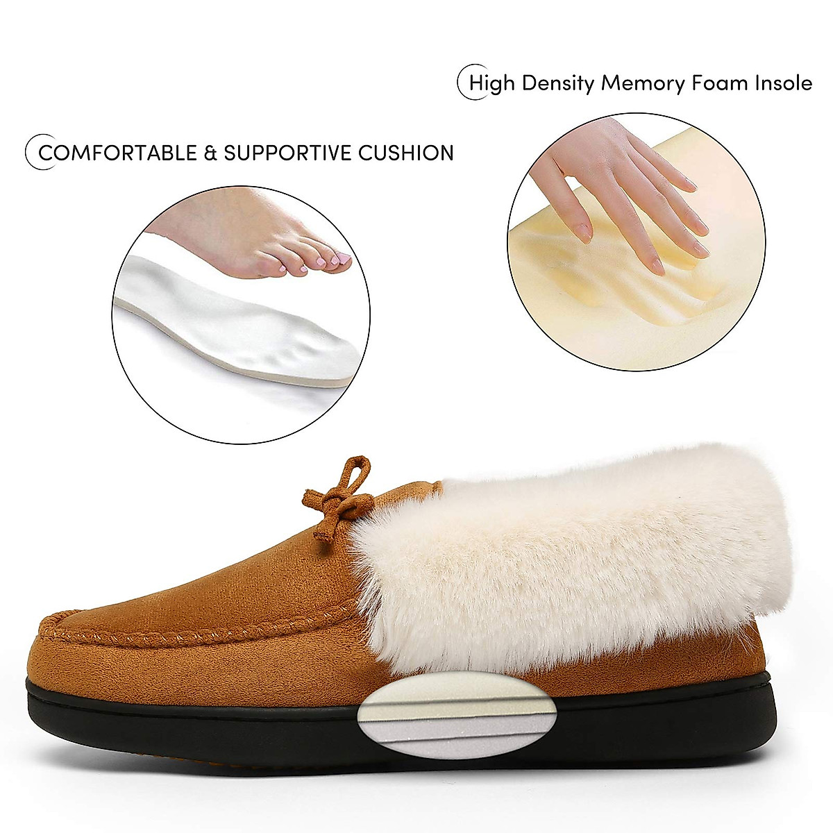 Mishansha Womens House Shoes Memory Foam Suede Moccasin Slippers Winter Warm Fleece Lined Home Shoes with Anti-Skid Rubber Sole Brown 9 Women/7 Men