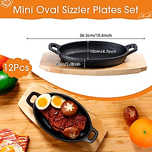 Mifoci 12 Sets Cast Iron Skillet with Wooden Base Mini Cast Iron Fajita Plates Oval Dish Tray Serving Sizzling Plate Cast Iron Pan for Baking Roasting Cooking Kitchen Restaurant,8.7 x 4.7 x 1.6 Inch