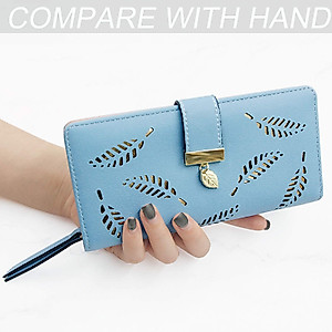 Women’s Long Zipper Fold Wallet with Leave Form Pendant Multifunctional Card Holder Clutch Purse with Snap Fastener(blue)