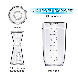 4 pcs Clear Cocktail Shaker Set 2 pcs Plastic bar Shaker with 2 pcs Plastic Cocktail Double Measuring Jigger