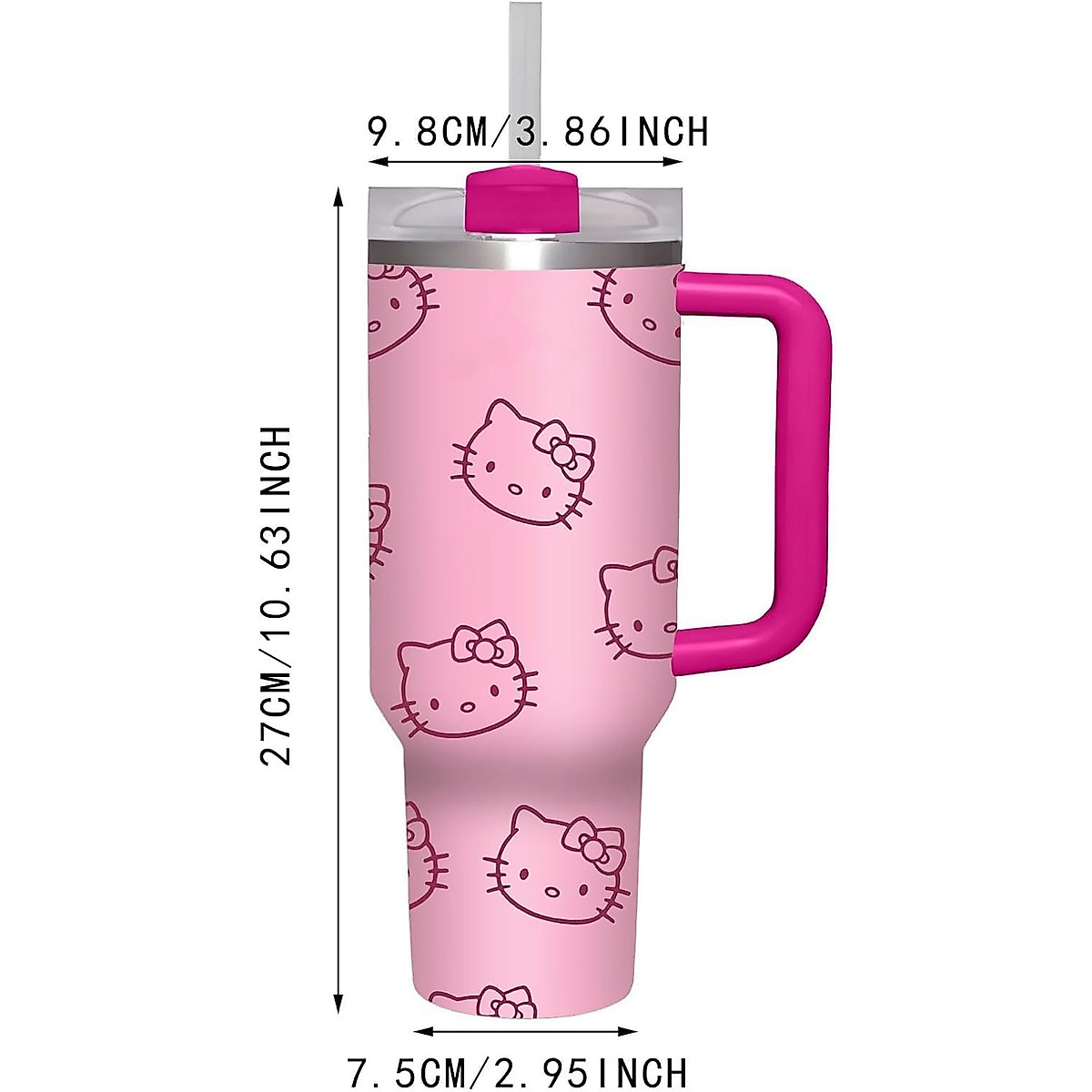 Generic Insulated Tumbler, 1 Sets 40 oz Tumbler with Handle and Straw Lid, Insulated Cup Reusable Stainless Steel Water Bottle Mug Cups,40 Oz Tumbler with Handle, Pink Kitty (Pink)