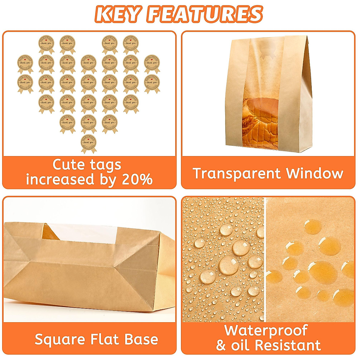50 Pcs Bread Bags for Homemade Bread, Sourdough Paper Bread Bags With Window, 50% Thicker 13.7x8.2x3.7in A Large Bakery Bags Used for Storage Bread Cookies & Snacks, 60 Cute Sealing Stickers With Ties