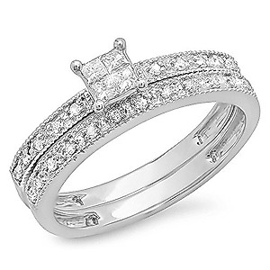 Dazzlingrock Collection 0.30 Carat (Cttw) 10k Princess & Round Diamond Women Engagement Ring Set with 1/3 CT, White Gold, Size 9