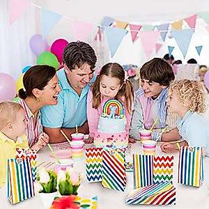 30 Pack Rainbow Party Favor Bags, Goodie Bags for Kids with Stickers, Vivid Stripes Chevron Paper Treat Bags, Food Safe, Biodegradable for Party Supplies, School Lunches, Baby Shower, Birthday Parties (3 Designs)